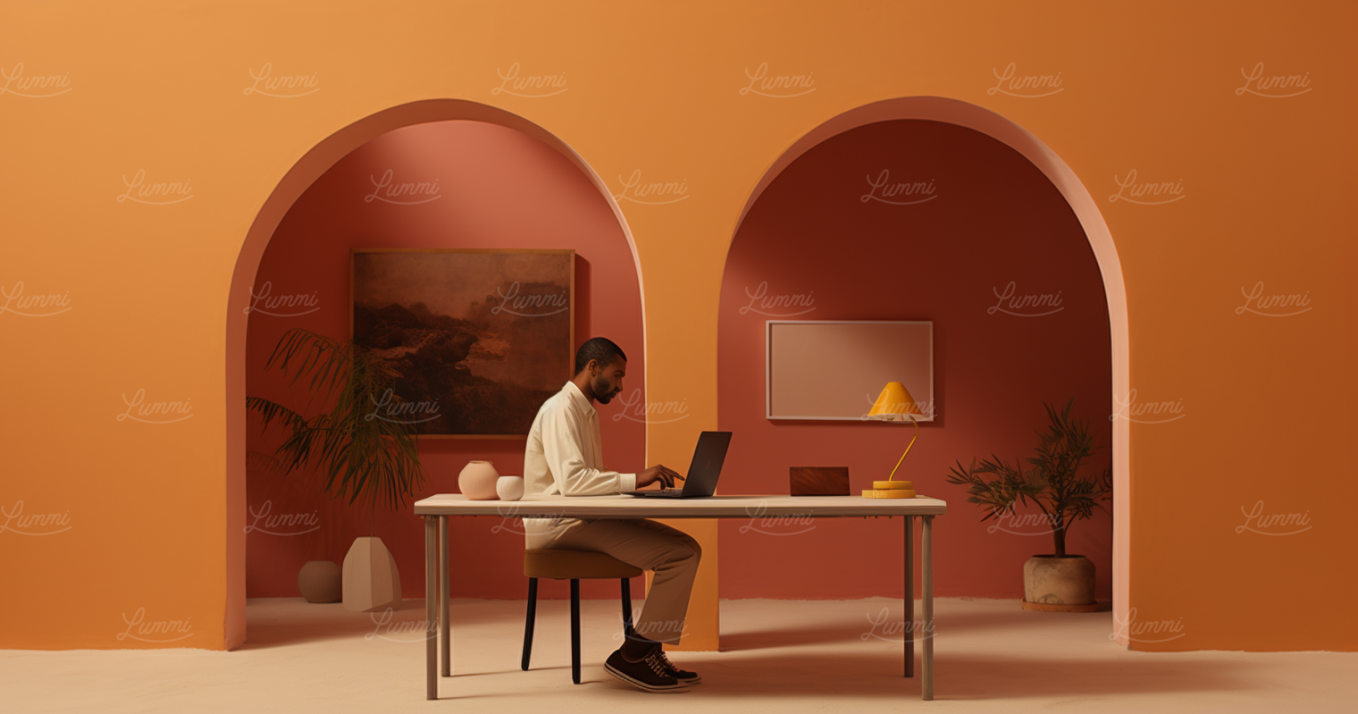 Modern Minimalist Home Office with Warm Tones and Focused Worker Photo ...