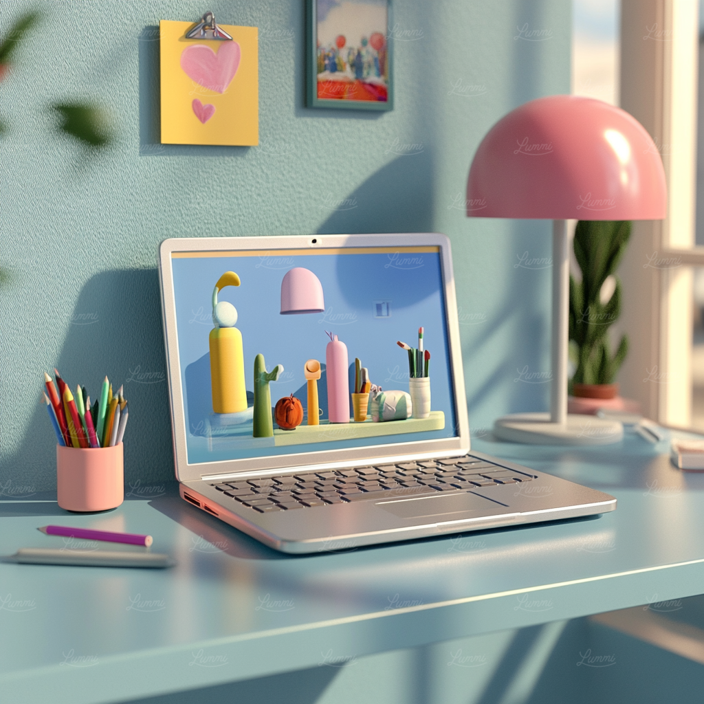 Vibrant Digital-Physical Desk Scene Illustration on Lummi