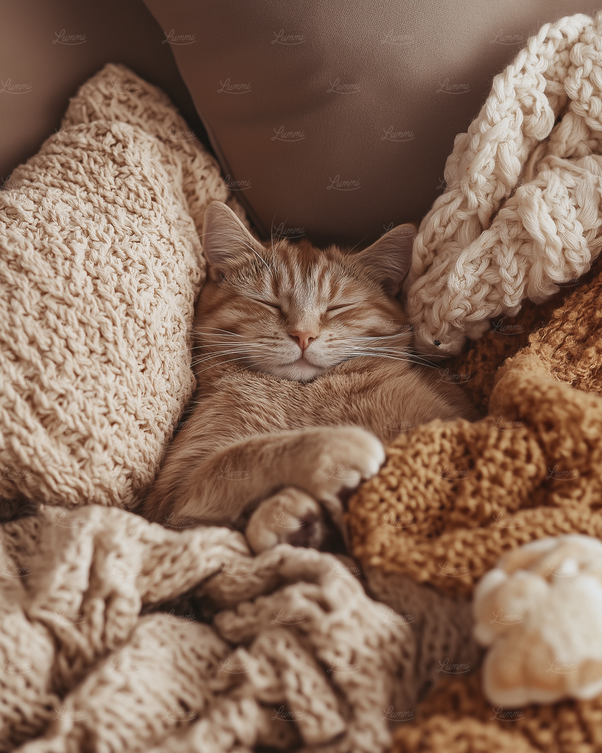 Ginger Cat Sleeping on Knitted Blankets Photo on Lummi