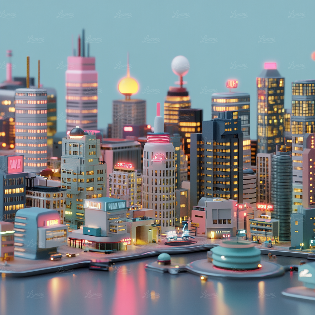 Vibrant Miniature Cityscape at Twilight 3D Image on Lummi