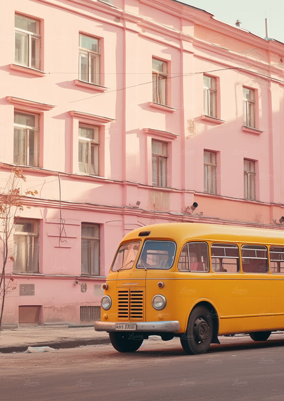 Vintage Golden Yellow Bus in Serene Pink Hued Street Photo on Lummi
