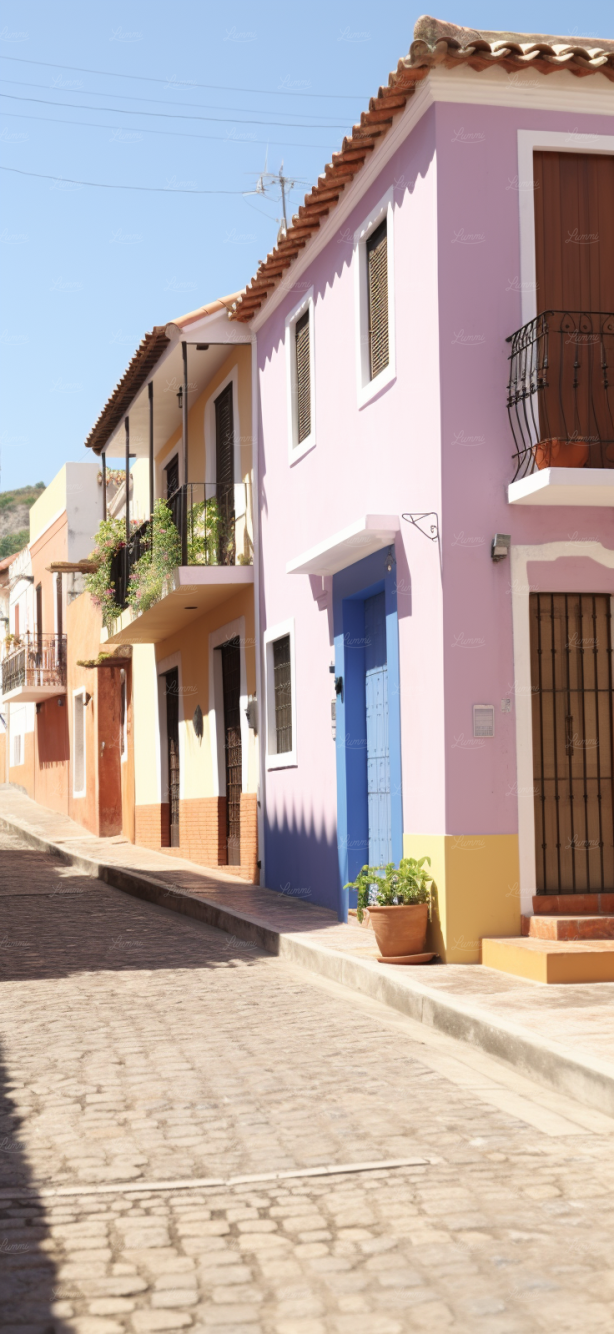 Quaint Cobblestone Streetscape with Colorful Mediterranean Houses Photo ...