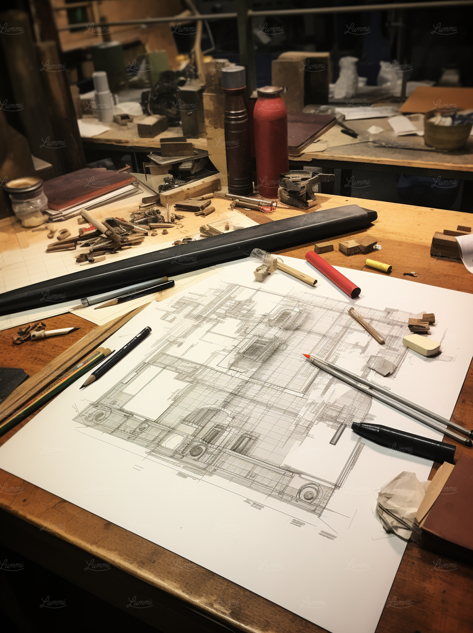 Vintage Engineering Drafting Table Scene Photo on Lummi