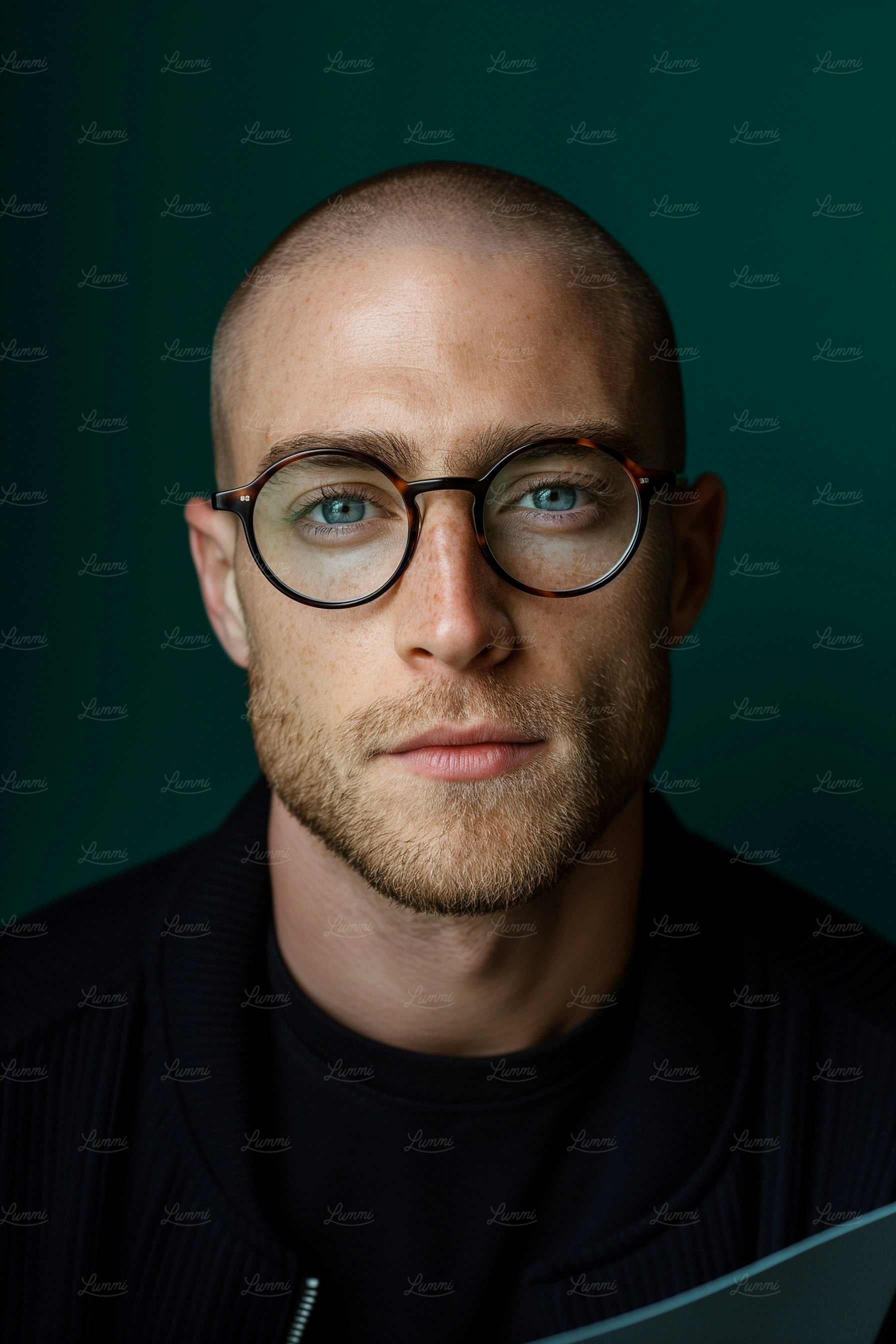 Intense Gaze of a Bald Man with Green Eyes Photo on Lummi